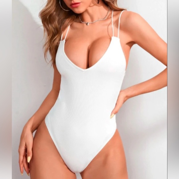SHEIN | Tops | Shein White Strappy Back Ribknit Slip Bodysuit | Poshmark